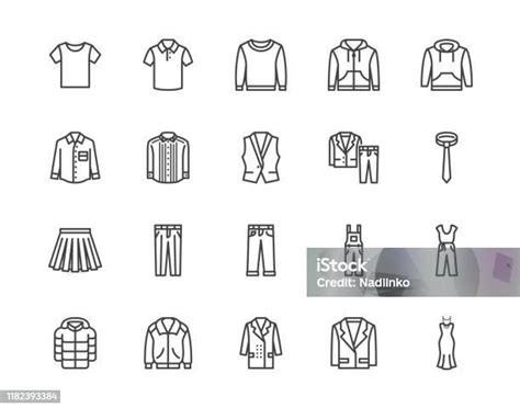천 플랫 라인 아이콘 세트입니다 의류 재킷 후드 스웨트 셔츠 남성 바지 폴로 셔츠 청바지 코트 넥타이 벡터 일러스트 레이션 패션 스토어의 간판 개요 픽셀 완벽한 64x64