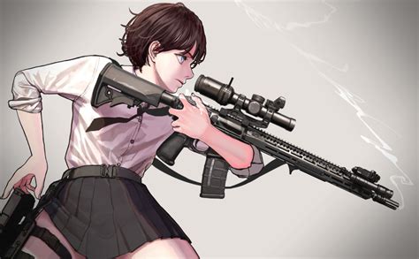 Safebooru 1girl Absurdres Ar 15 Assault Rifle Belt Black Necktie