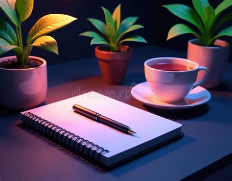 Cozy Nighttime Workspace With Notebook Pen Tea And Plants Stock Illustration Illustration