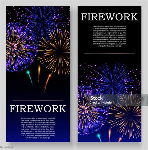 다양한 모양과 색상으로 가득한 불꽃 놀이 축제 배너 또는 전단지 벡터 일러스트레이션의 검은 배경 세트에 반짝이는 조명 밤에