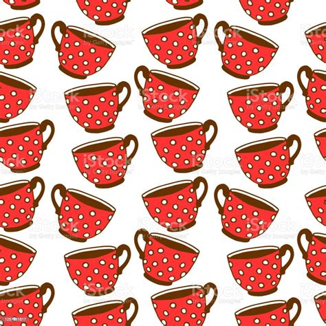 빨간색 물방울 무늬 컵이 있는 매끄러운 패턴 뜨거운 음료의 머그잔으로 배경과 질감을 벡터 손으로 그린 부엌 은 고립 된 공급 포장 가정 장식 직물 메뉴 카페에 적합 가리기에