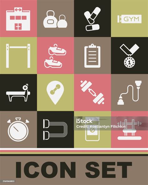 바벨 가슴 확장기 메달 비타민 알약 스포츠 운동화 수평 체육관 건물 및 훈련 프로그램 아이콘과 벤치 설정 벡터 3위에 대한 스톡 벡터 아트 및 기타 이미지 Istock