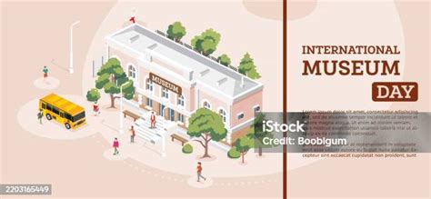 국제 박물관의 날 5월 18일 박물관 건물의 등각 투영 모습 기둥이있는 아름다운 고전적인 건물 주변의 나무와 사람들 3차원