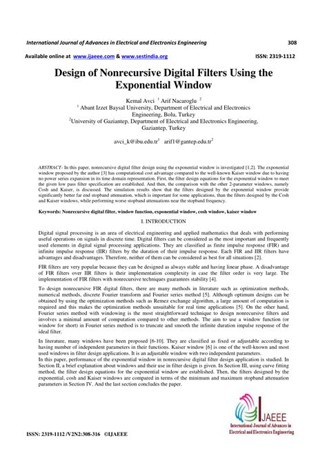 Pdf Design Of Nonrecursive Digital Filters Using The Exponential Window