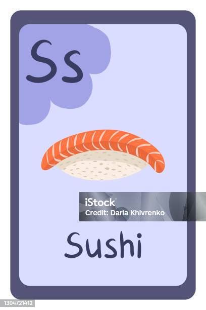 화려한 Abc 교육 플래시 카드 편지 S 초밥 쌀과 생선에서 아시아 요리 음식 과일 및 채소와 알파벳 벡터 그림 학교 공부 학습 개념 개념에 대한 스톡 벡터 아트 및 기타