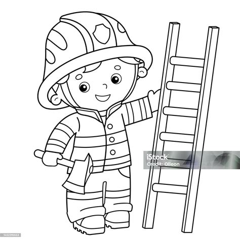 색칠 공부 페이지 개요 소화 사다리가있는 만화 소방관 또는 소방관의 개요 직업 아이들을위한 색칠 공부 책 교육에 대한 스톡 벡터 아트 및 기타 이미지 Istock
