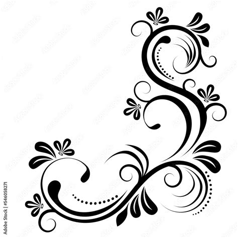 Angular Black And White Monogram With Swirls Flowers Leaves And Dots Floral Design Element