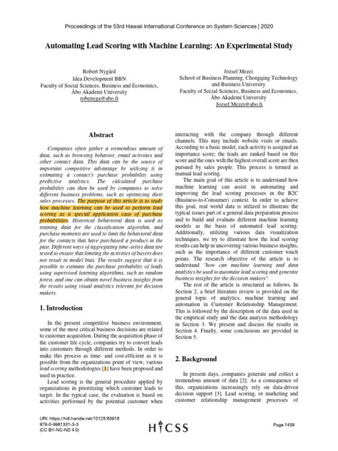 Automating Lead Scoring With Machine Learning An Experimental St Pdf Machine Learning