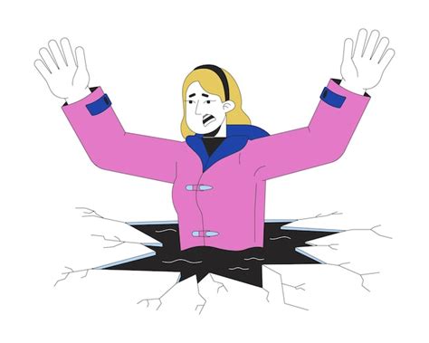 차가운 물에 익사하는 만화 평평한 일러스트레이션 백인 여성이 얼음으로 떨어지면서 살아남은 2d 선형 캐릭터 ⁇ 바탕에 고립되어
