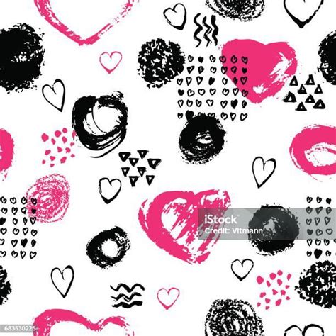 벡터 브러시 줄무늬와 선 완벽 한 패턴입니다 흰색 바탕에 블랙 핑크 색상입니다 손으로 그린 그레인 텍스처 잉크 형상 및 심장 요소입니다 패션 현대적인 스타일입니다 끝 없는