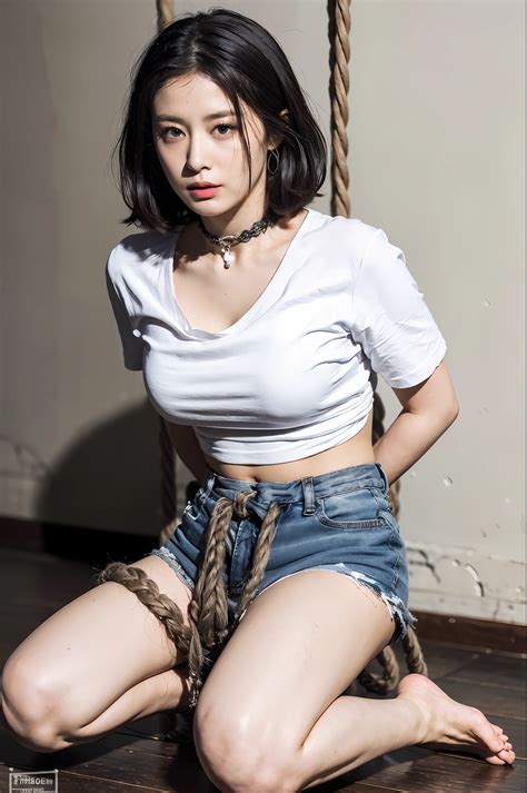 흰 셔츠를 입고 밧줄에 묶인 여자 Seaart Ai