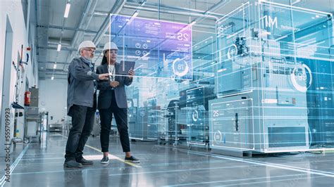 Factory Digitalization Two Industrial Engineers Use Tablet Computer Ai Big Data Analysis