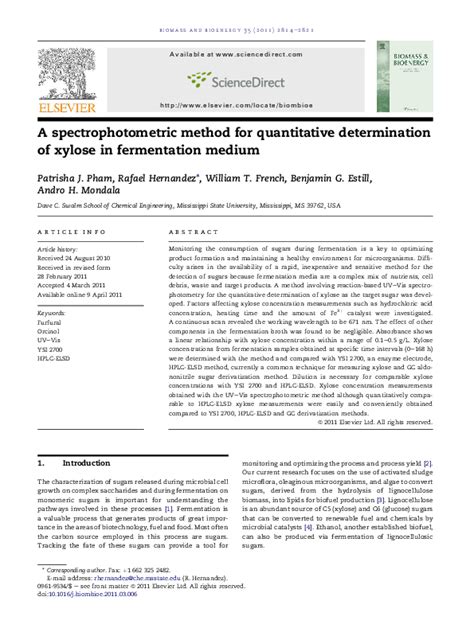 Pdf A Spectrophotometric Method For Quantitative Determination Of Xylose In Fermentation Medium
