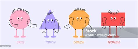 얼굴 감정과 손과 다리가있는 그림 텍스트와 다른 기하학적 인물 어린이 책 배경을위한 손 그리기 그림 미소와 머리카락을 가진 재미