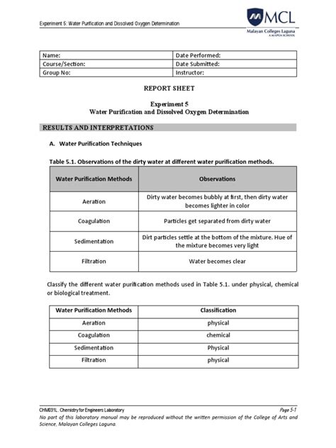 Water Purification And Dissolved Oxygen Experiment Pdf Water Purification Water