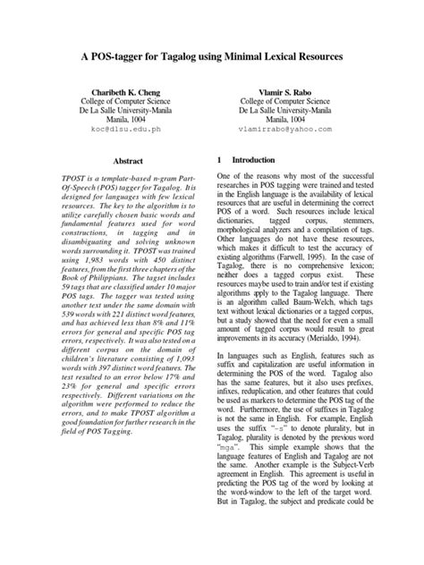 A Pos Tagger For Tagalog Using Minimal Lexical Resources Pdf Part Of Speech Word