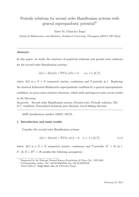 Pdf Periodic Solutions For Second Order Hamiltonian Systems With General Superquadratic Potential