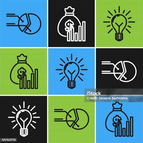 세트 라인 파이 차트 인포 그래픽 광선 빛과 아이디어와 돈 가방과 다이어그램 그래프 아이콘의 개념과 빛 전구 벡터 0명에 대한