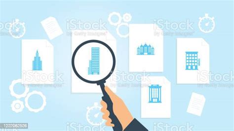 건물 호텔 파일 문서 연구 벡터 그림 검색 아이콘으로 문서작성합니다 파일 및 돋보기 분석 연구 기호입니다 벡터 일러스트레이션 0