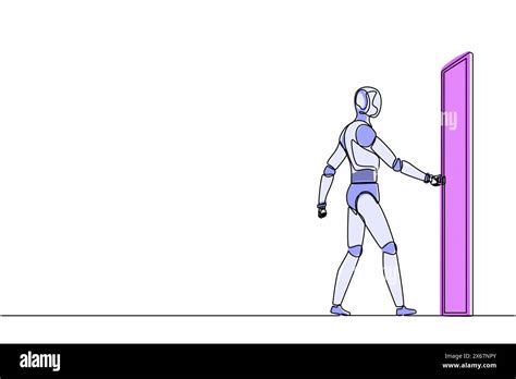 Single Continuous Line Drawing Robots Holding Door Knob And Enter Work Space Modern Robotics
