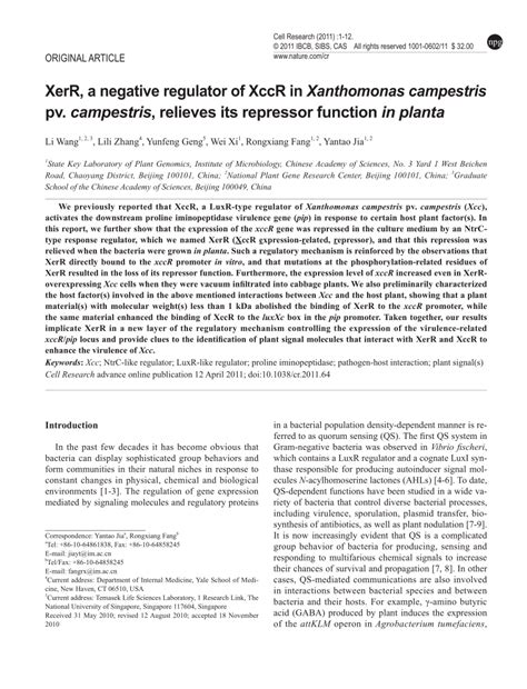 Pdf Xerr A Negative Regulator Of Xccr In Xanthomonas Campestris Pv Campestris Relieves Its