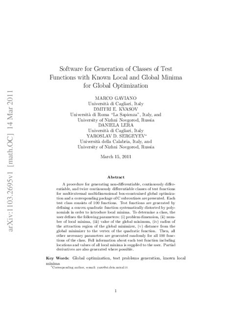Pdf Functions With Known Local And Global Minima For Global Optimization