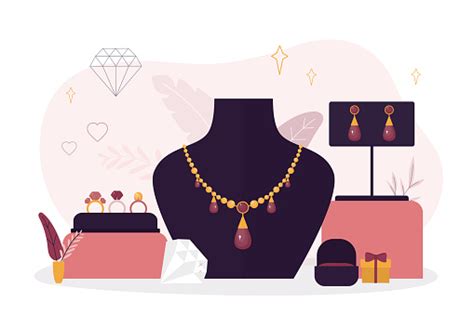 마네킹에 금 목걸이 선물 상자 및 귀걸이에 있는 다이아몬드를 가진 반지를 가진 보석상 전시 다양한 황금 보석이 있는 상점 쇼케이스 벡터에 대한 스톡 벡터 아트 및 기타