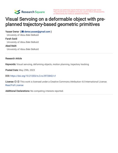 Pdf Visual Servoing On A Deformable Object With Pre Planned Trajectory Based Geometric Primitives