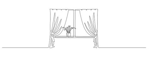 커튼과 화분에 심은 창문의 연속적인 선 그리기 단순한 선형 스타일의 드레이프 천이 있는 거실 인터리오아의 개념 편집 가능한 획 낙서 윤곽선 벡터 일러스트 레이 션 한붓