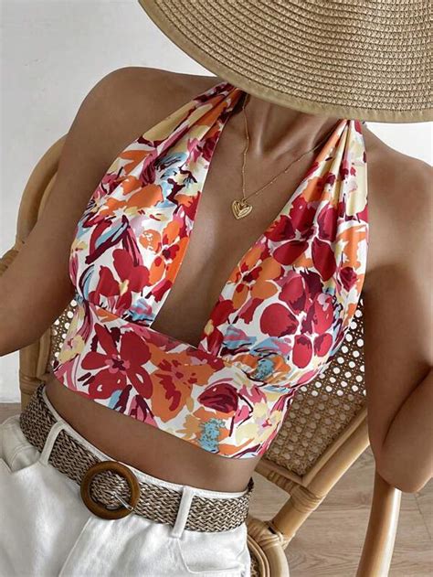 Shein Vcay Floral Print Tie Backless Halter Top Shein Usa