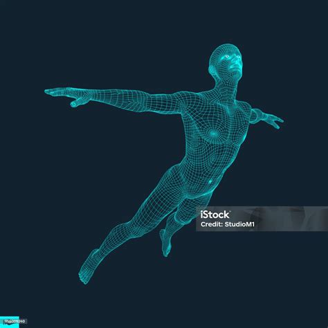 남자 기하학적 디자인의 점프 맨 3d 모델의 실루엣 다각형 덮 음 피부입니다 인체 와이어 모델입니다 벡터 일러스트입니다 3차원 형태에 대한 스톡 벡터 아트 및 기타 이미지