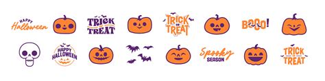 할로윈 아이콘 세트 벡터 일러스트레이션 새겨진 호박 두개골 및 박쥐 짜증나는 디자인을 트릭하거나 치료하십시오 10월에 대한 스톡 벡터 아트 및 기타 이미지 Istock