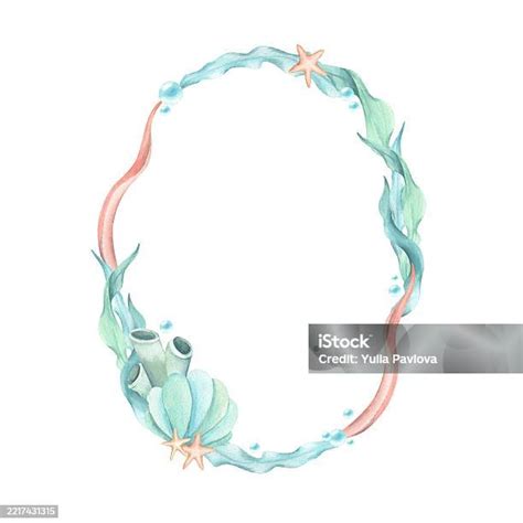 조류 해초 불가사리 조개 바다 스폰지 수중 거품 타원형 프레임 수채화 그림 민트 청록색 산호색 배경에서 분리되어 있습니다 화 환 바다 테마 아이 디자인에 템플릿 귀여운에