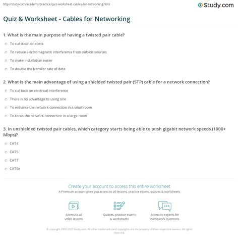 Quiz And Worksheet Cables For Networking