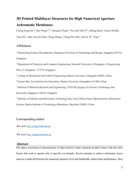 Pdf 3d Printed Multilayer Structures For High Numerical Aperture Achromatic Metalenses