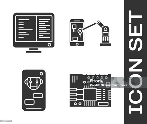 Set Printed Circuit Board Pcb Computer Monitor Screen Bot And Industrial Machine Robotic Robot