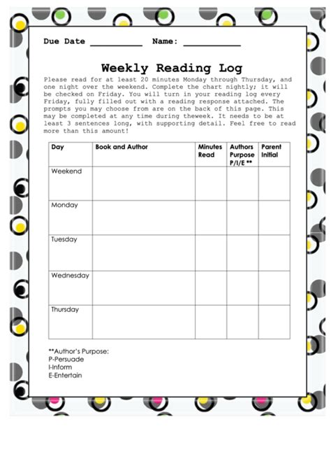 Weekly Reading Log Printable Pdf Download