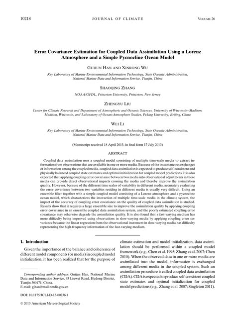 Pdf Error Covariance Estimation For Coupled Data Assimilation Using A Lorenz Atmosphere And A