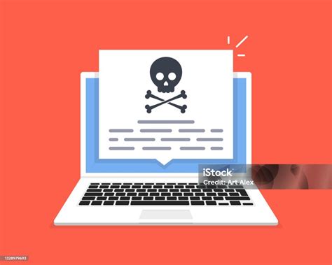 노트북이 해킹되었습니다 컴퓨터 화면에 두개골 메시지 바이러스 불법 복제 해킹 및 보안의 개념 벡터 그림입니다 랜섬웨어에 대한 스톡 벡터 아트 및 기타 이미지 Istock