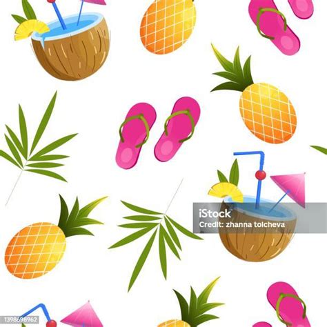 열대 여름 인쇄 벽지 흰색 배경에 섬유를위한 원활한 패턴 파인애플 코코넛 칵테일 플립플롭이 포함된 벡터 일러스트 레이 션 0명에 대한 스톡 벡터 아트 및 기타 이미지