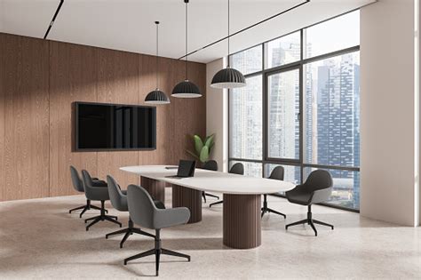 회의 테이블과 의자 Tv 화면과 창문이 있는 베이지색 사무실 인테리어 0명에 대한 스톡 사진 및 기타 이미지 0명 3차원 형태 가구 Istock