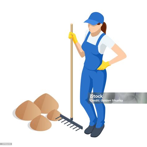 농업 작업 레이크 레벨링 그라운드와 정원에서 일하는 여자 종자 및 심기 정원 도구 원예 레이크 토양 야외 작업 개념에 대한 토양 준비 농업에 대한 스톡 벡터 아트 및 기타