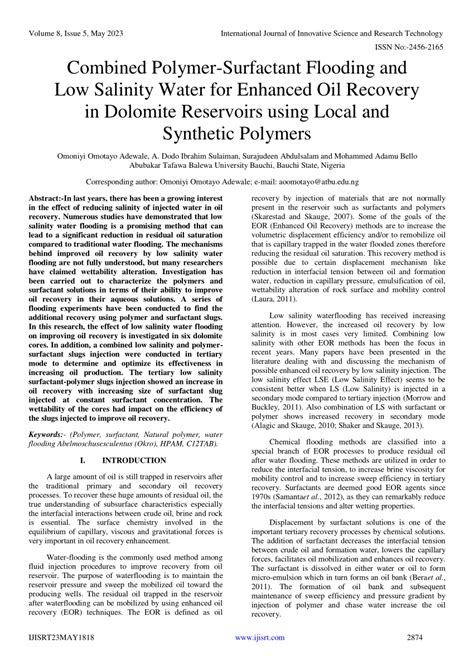 Pdf Combined Polymer Surfactant Flooding And Low Salinity Water For Enhanced Oil Recovery In