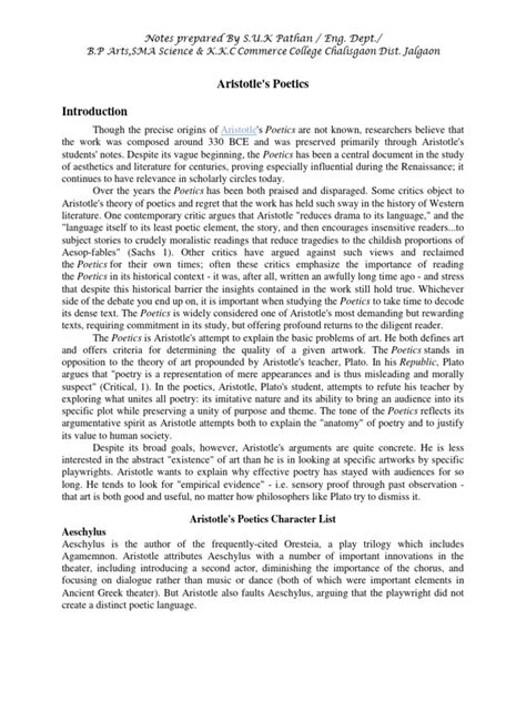 Aristotle Poetics Notes Prepared By Prof Pdf Tragedy Aristotle