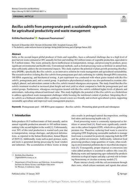 Bacillus Subtilis From Pomegranate Peel A Sustainable Approach For Agricultural Productivity