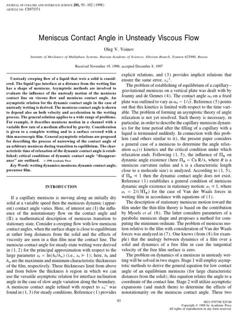 Meniscus Contact Angle In Unsteady Viscous Flow T Reference 5