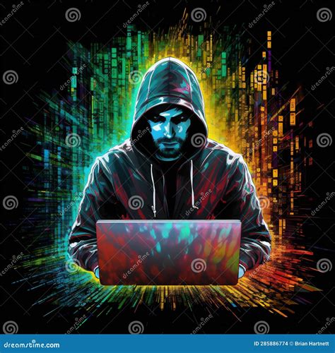 Hacker On A Laptop A Man Wearing A Hood On A Laptop Image Made Up Of Colorful Binary Code