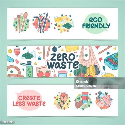 폐기물 제로 라이프 스타일 디자인 재활용 및 재사용 가능한 제품으로 친환경 배너 컨셉 Lees 폐기물 그림을 만듭니다 만화 낙서