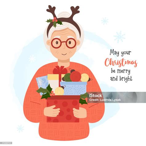 크리스마스 선물 상자 호랑가시나무가 있는 나무 공을 가진 귀여운 노인 여성 만화 스타일의 벡터 그림입니다 긍정적인 연금 수급자