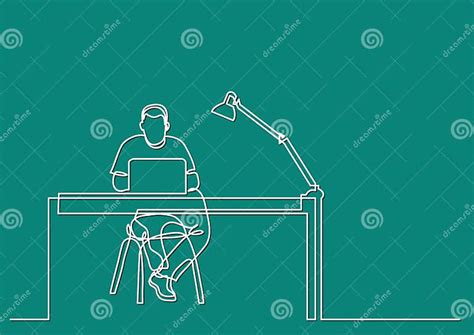 One Line Drawing Of Man Working With Laptop Computer Behind Desk Stock